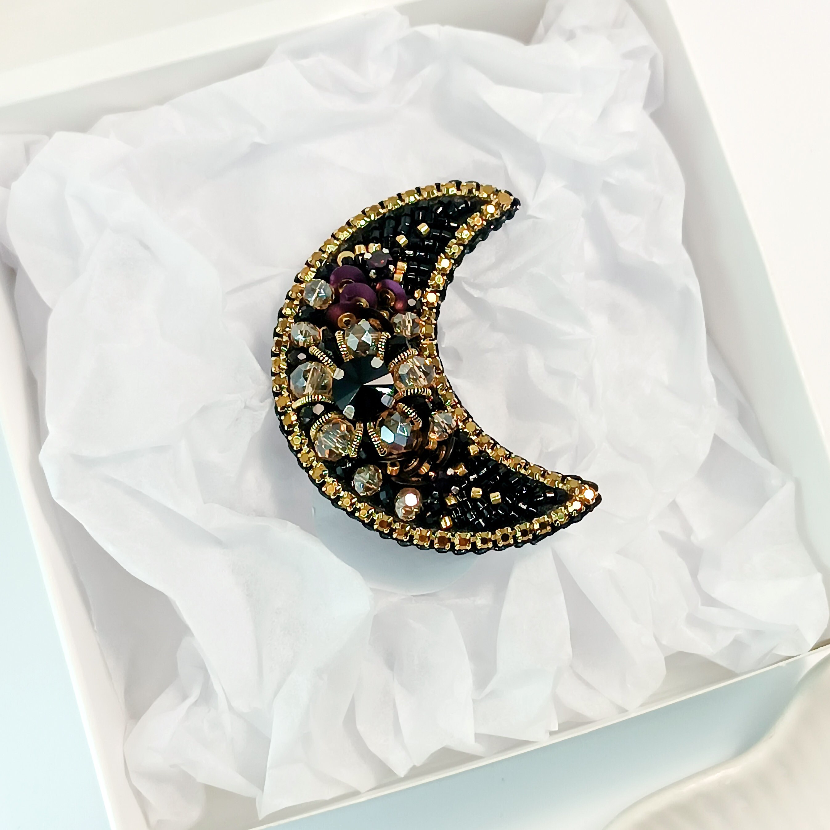 Embroidered Moon Brooch, Handmade Celestial Jewelry, Unique Beaded ...