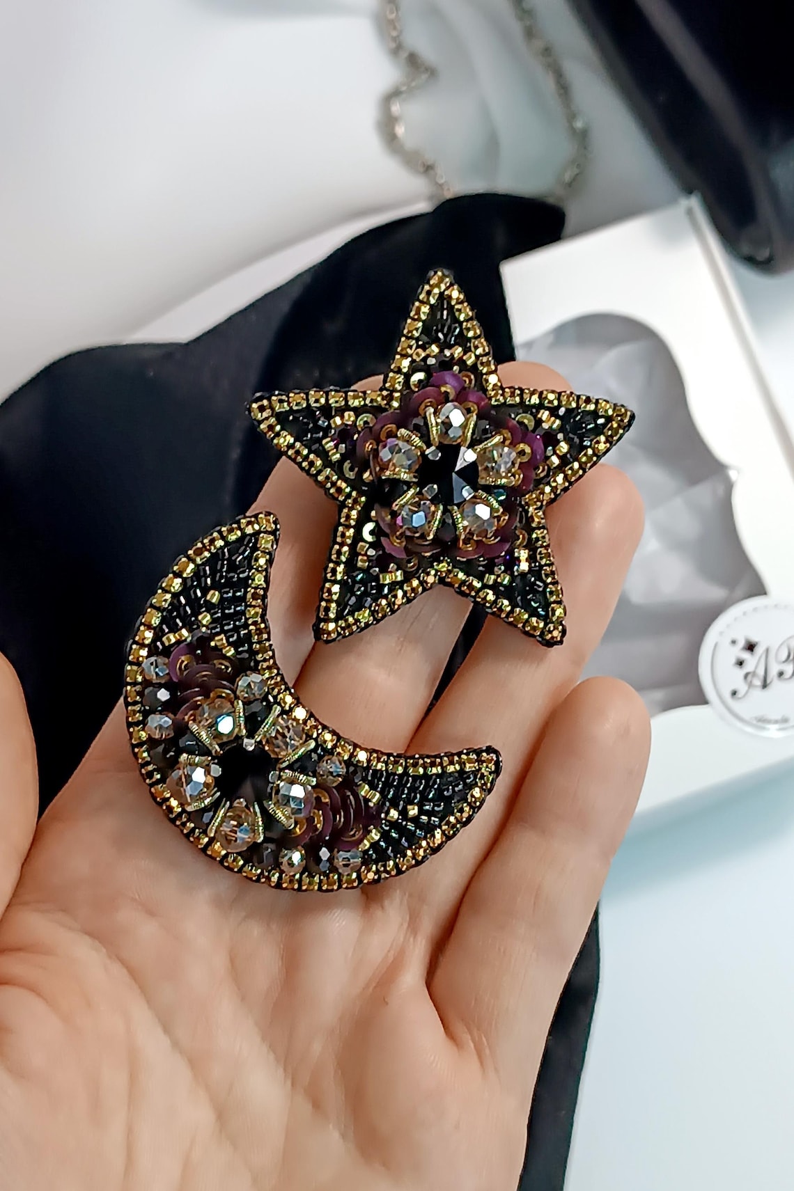 Handmade Beaded Star and Moon Brooches, Embroidered Celestial Space ...
