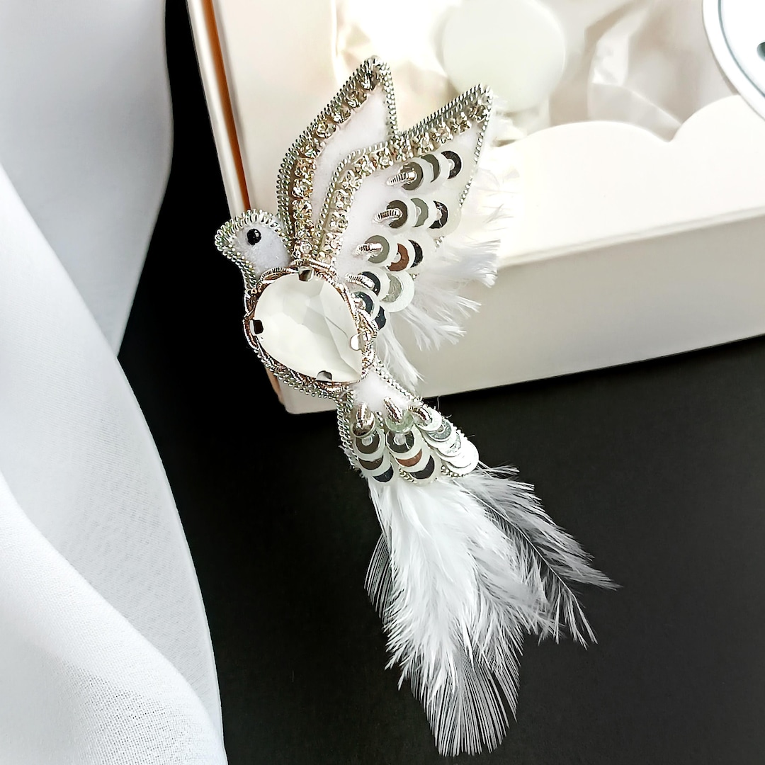 Peace Dove Beaded Embroidered Brooch, White Bird Pin, Brooches for ...