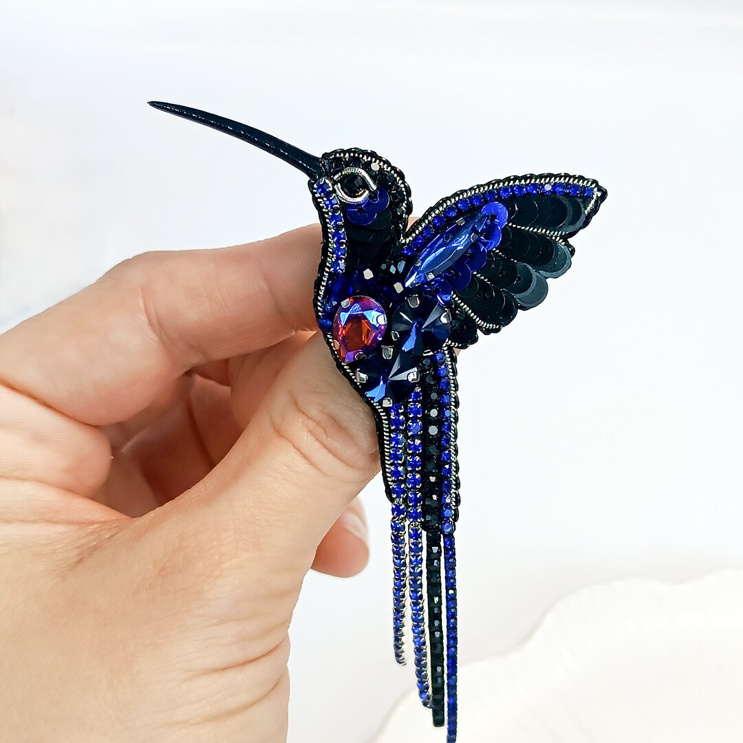 Navy Blue Hummingbird Brooch, Handmade Embroidered Bird Brooch, Small ...