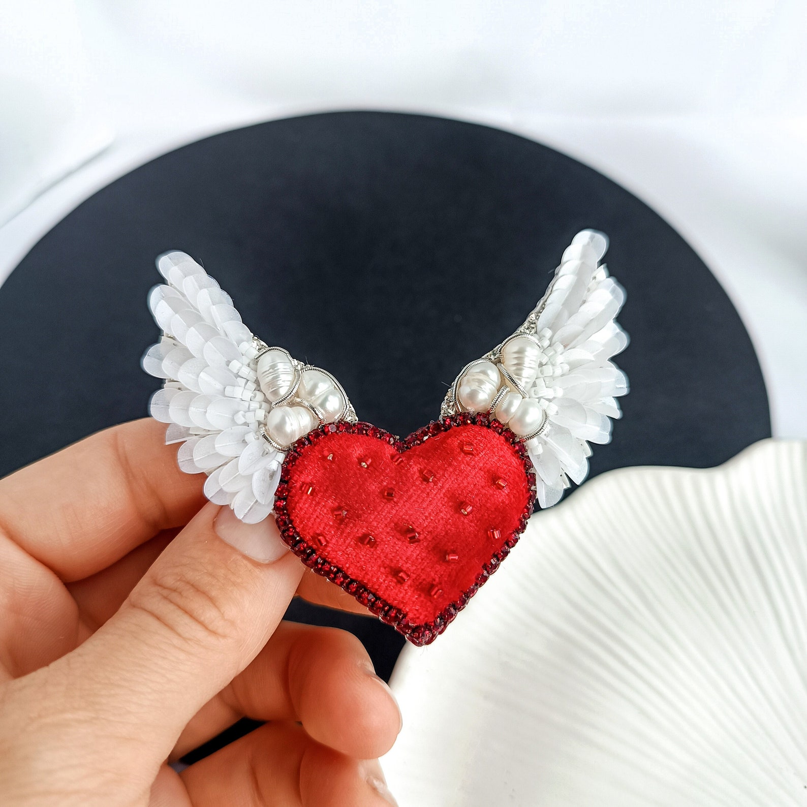 Embroidered Heart Wings Brooch, Beaded Angel Pin, Gift for Woman - Etsy