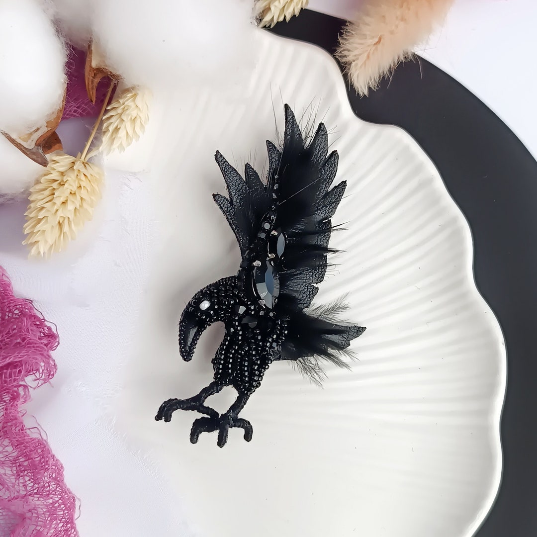 Brooch Black Raven Handmade, Embroidered Brooch Flying Bird, Gothic ...