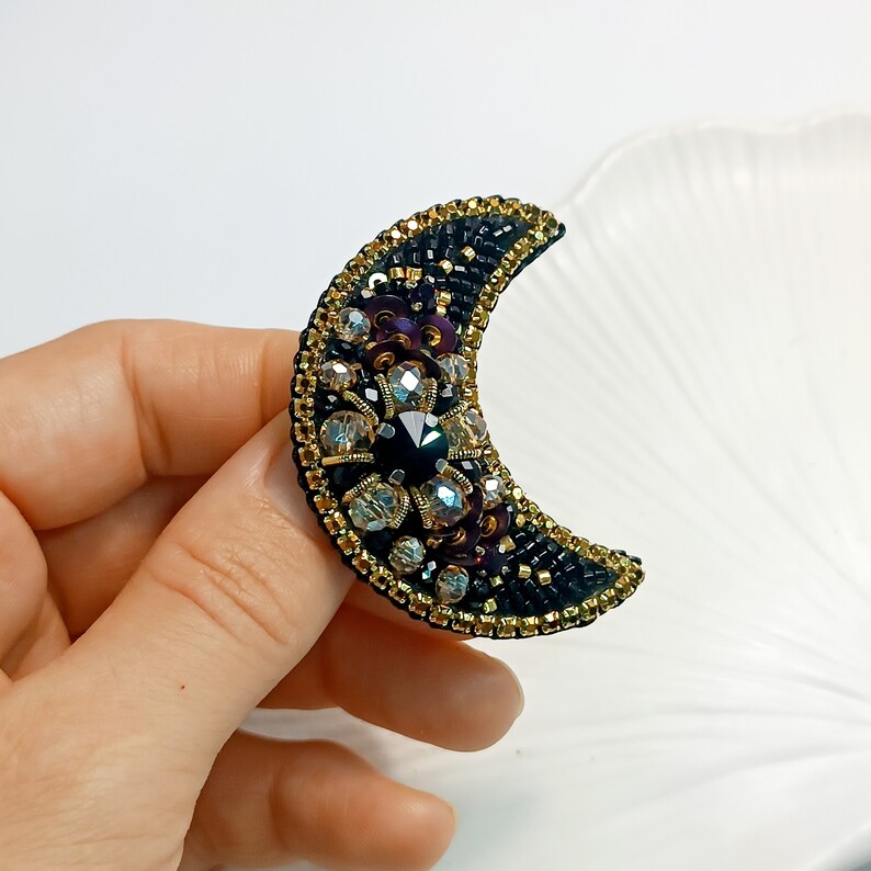 Embroidered Moon Brooch, Handmade Celestial Jewelry, Unique Beaded ...