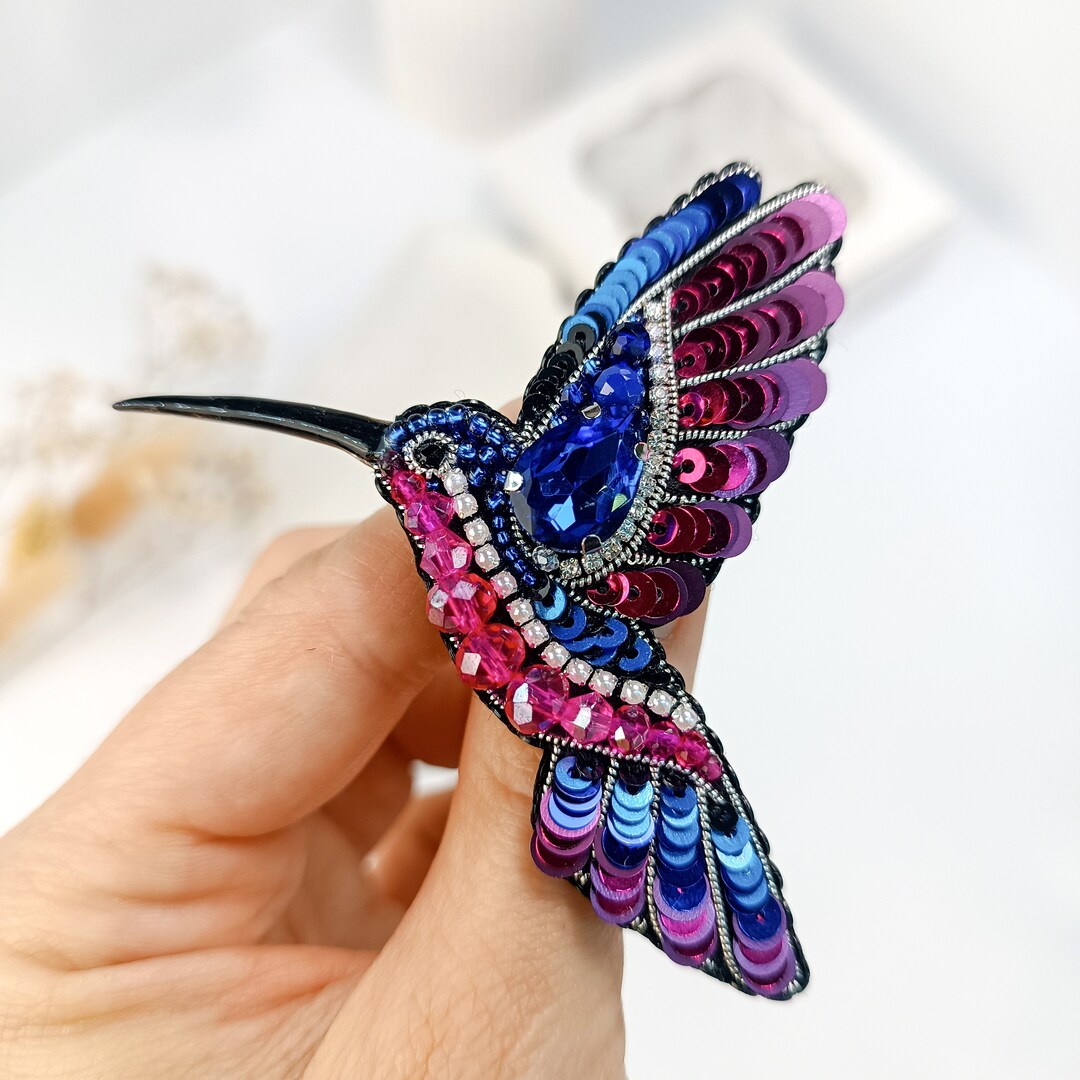 Broche colibri de luxe, broche perlée brodée, oiseau tropical, cadeau ...
