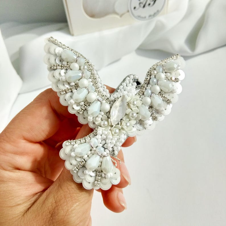 Handmade White Beaded Bird Dove Brooch, Embroidered Peace Bird ...