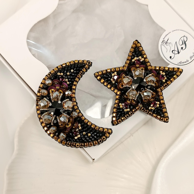 Handmade Beaded Star and Moon Brooches, Embroidered Celestial Space ...