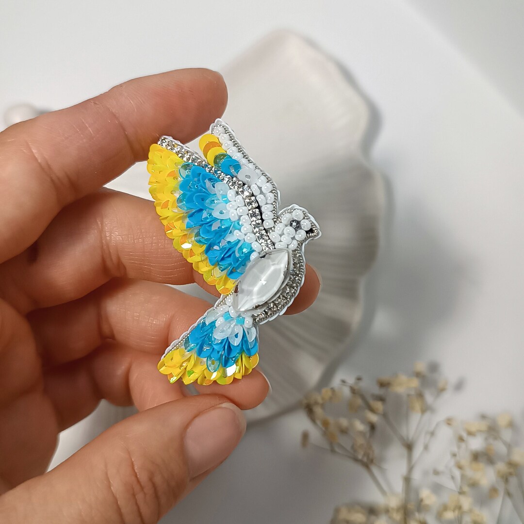 Vibrant Peace Dove Brooch, Embroidered Blue Yellow Bird Brooch ...