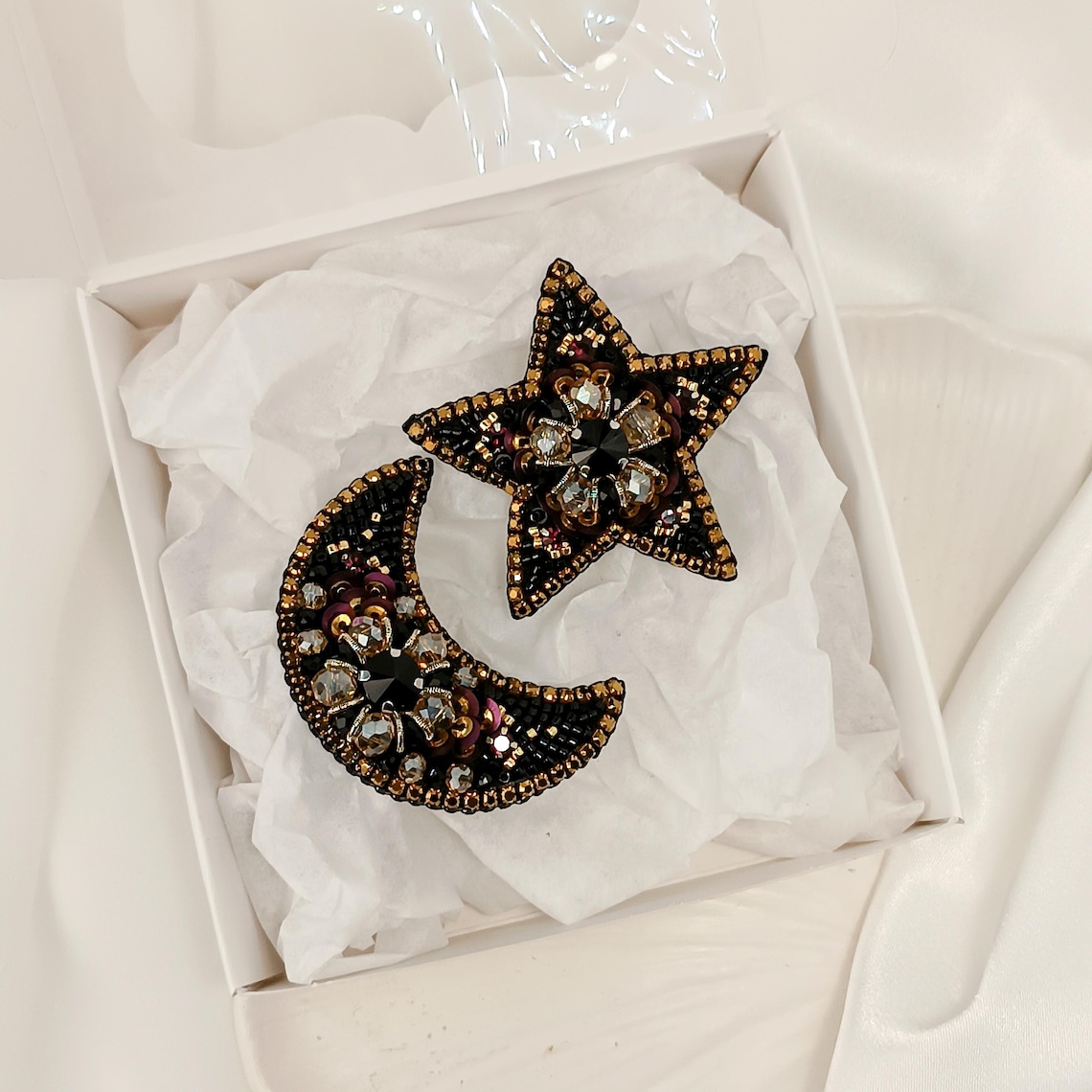 Handmade Beaded Star and Moon Brooches, Embroidered Celestial Space ...