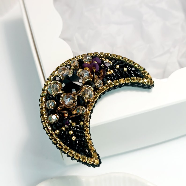 Embroidered Moon Brooch, Handmade Celestial Jewelry, Unique Beaded ...