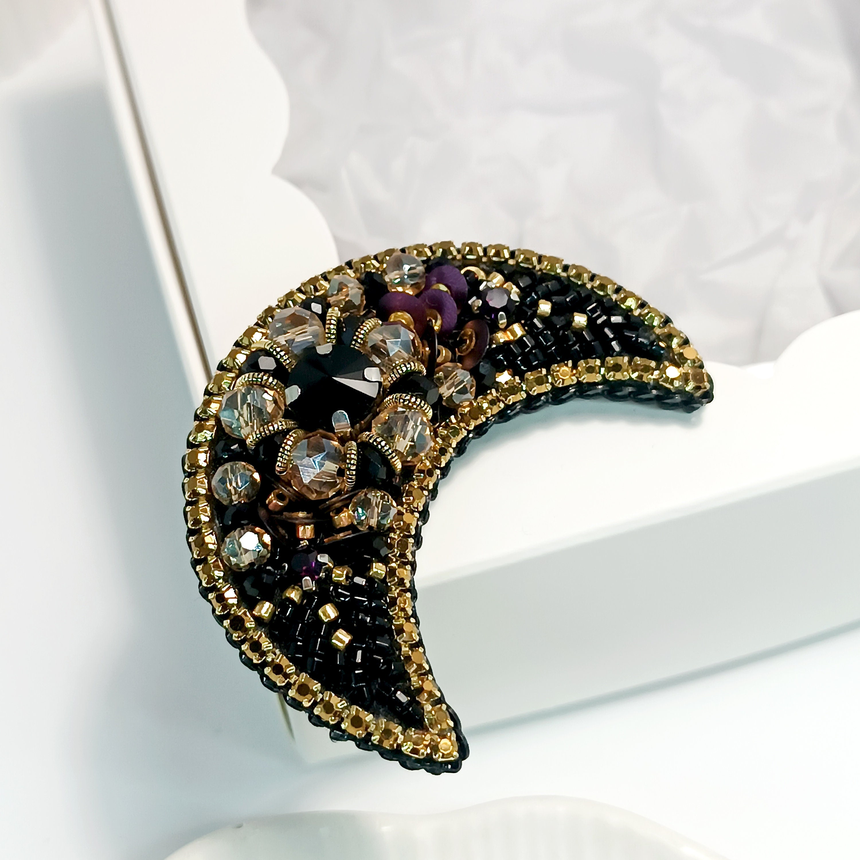 Embroidered Moon Brooch, Handmade Celestial Jewelry, Unique Beaded ...
