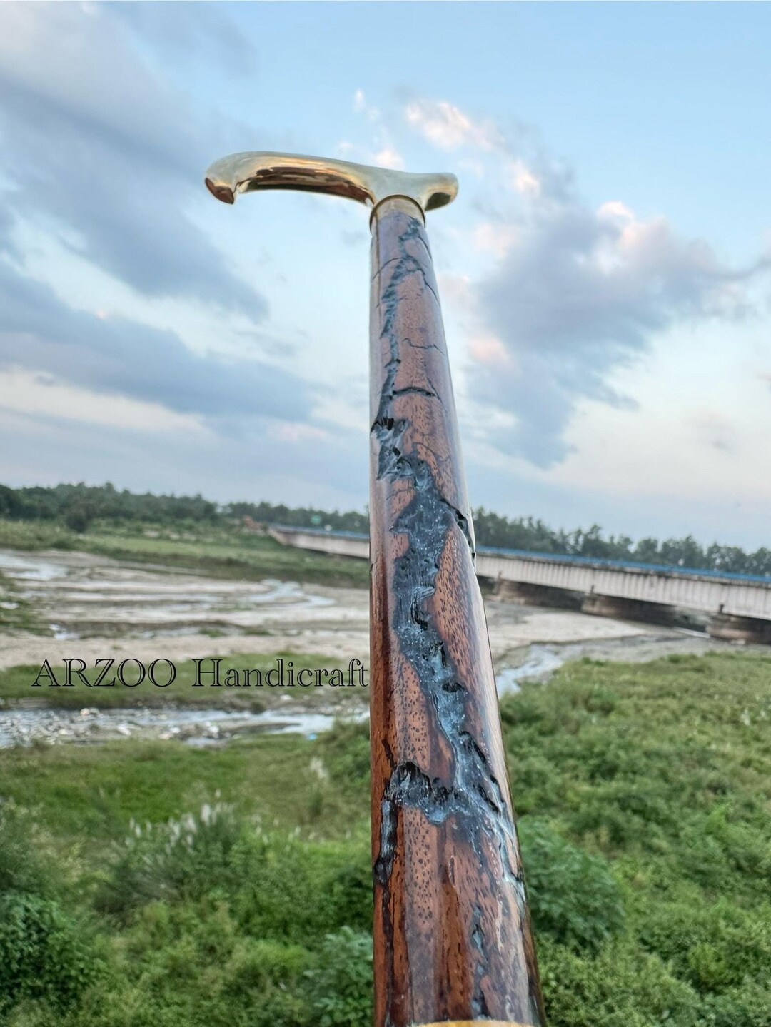 Wood Carved Walking Cane With Brass Handle - Unisex Spiral Stick - Etsy