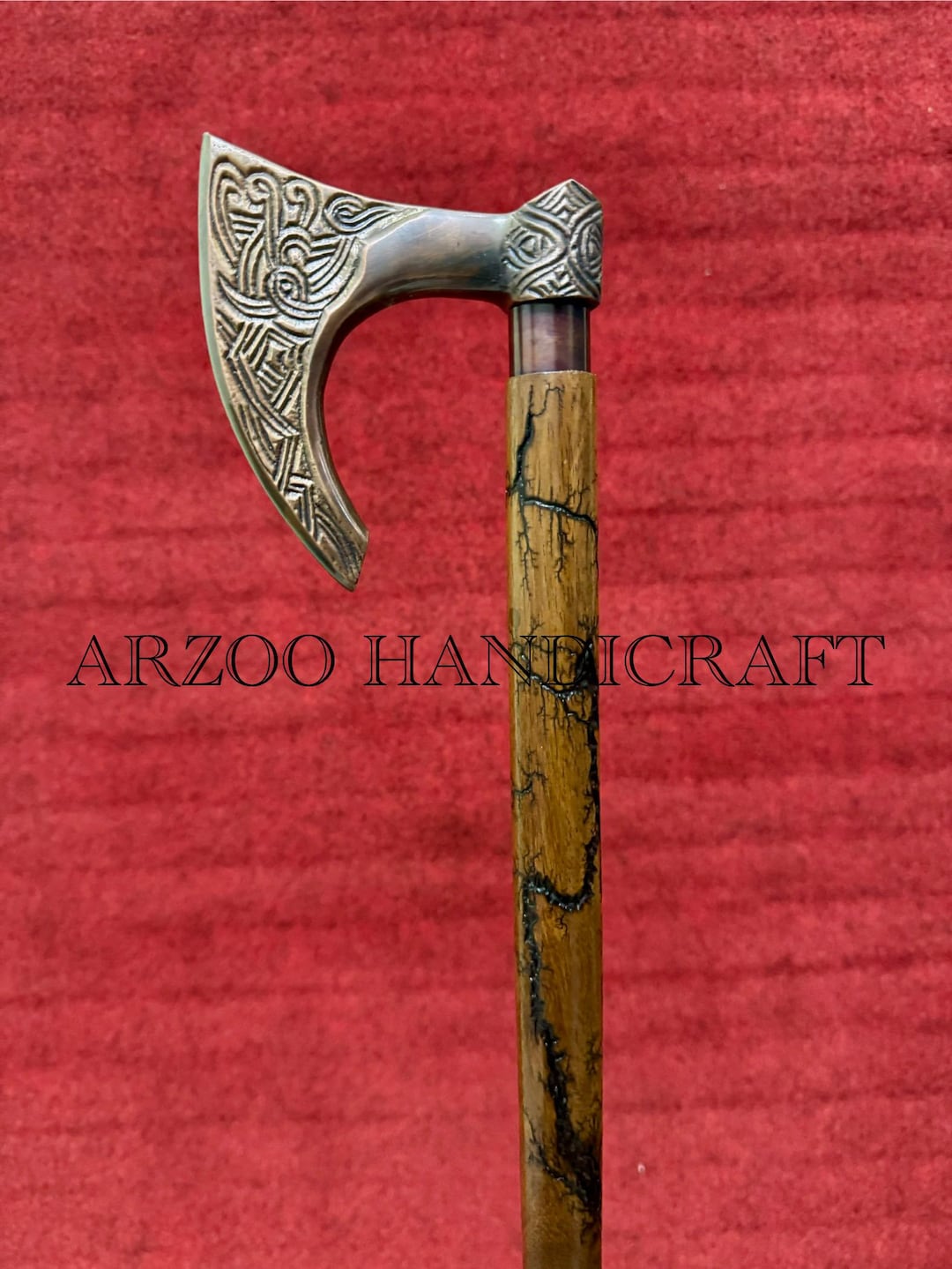 Victorian Brass Axe Handle Walking Cane - Viking Axe Handle Wooden ...