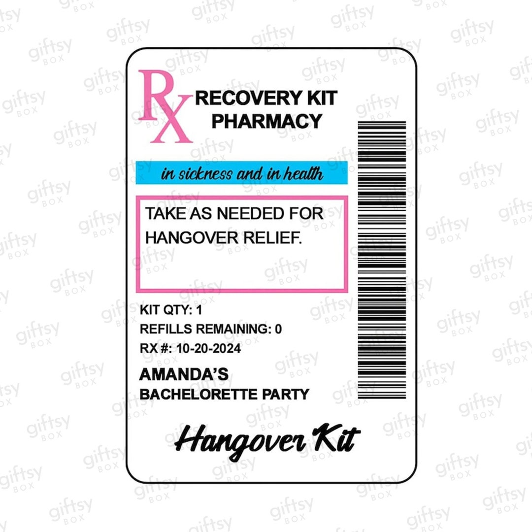 Label Only - No Bottle Included Hangover Kit Label for Party Favors ...