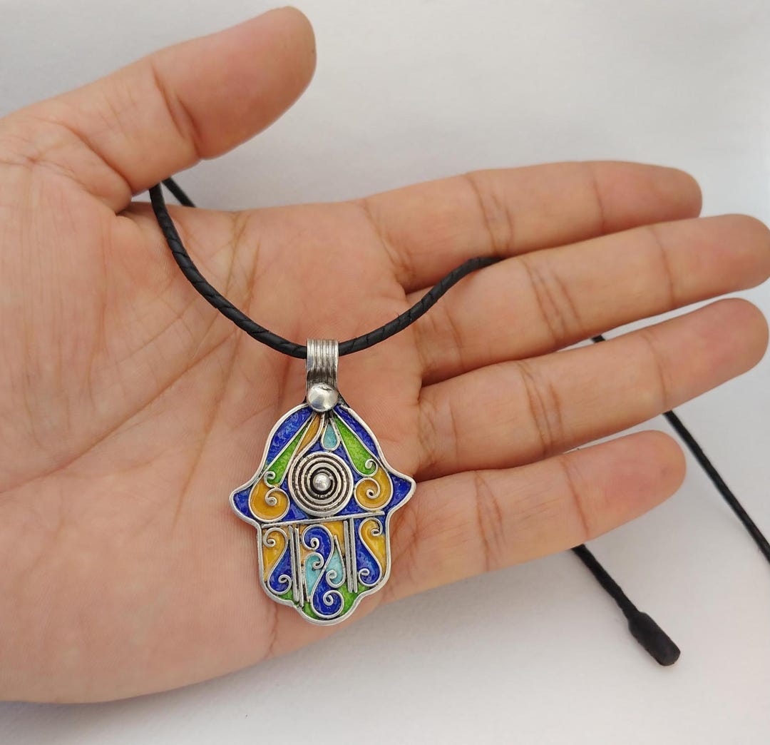 Berber Necklace Silver Kabyle Enamel, Moroccan Hamsa Pendant Eye Amulet ...