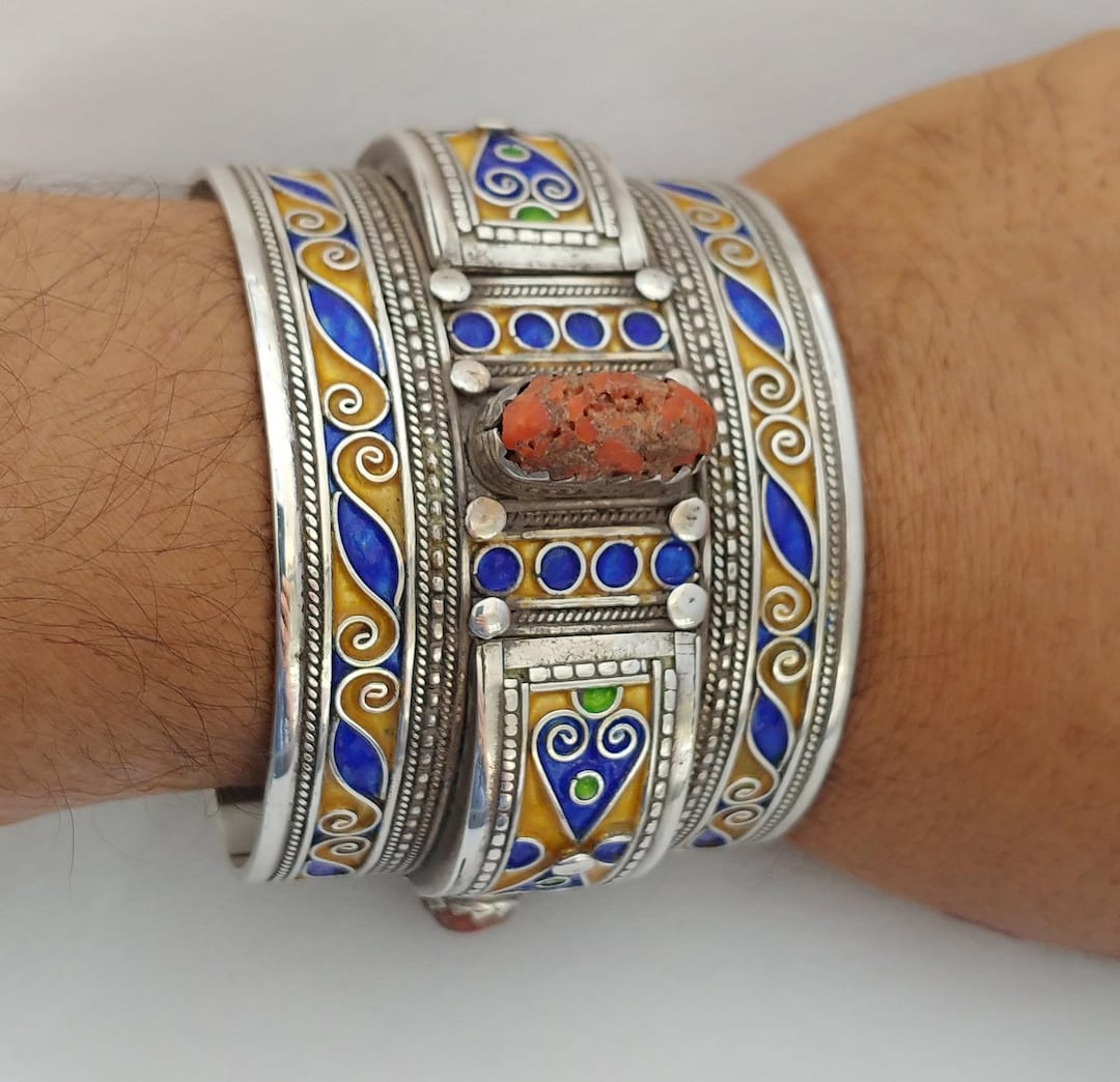 Berber Bracelet Kabyle Cuff Silver Large, Enamel Coral Vintage Tribal Algerian, Red Bracelets ...