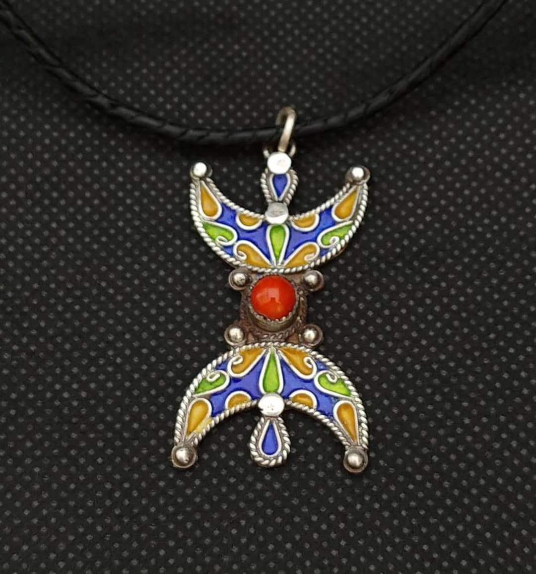 Kabyle Silver Necklace Amazigh Symbol Enamel Coral Berber Moroccan ...