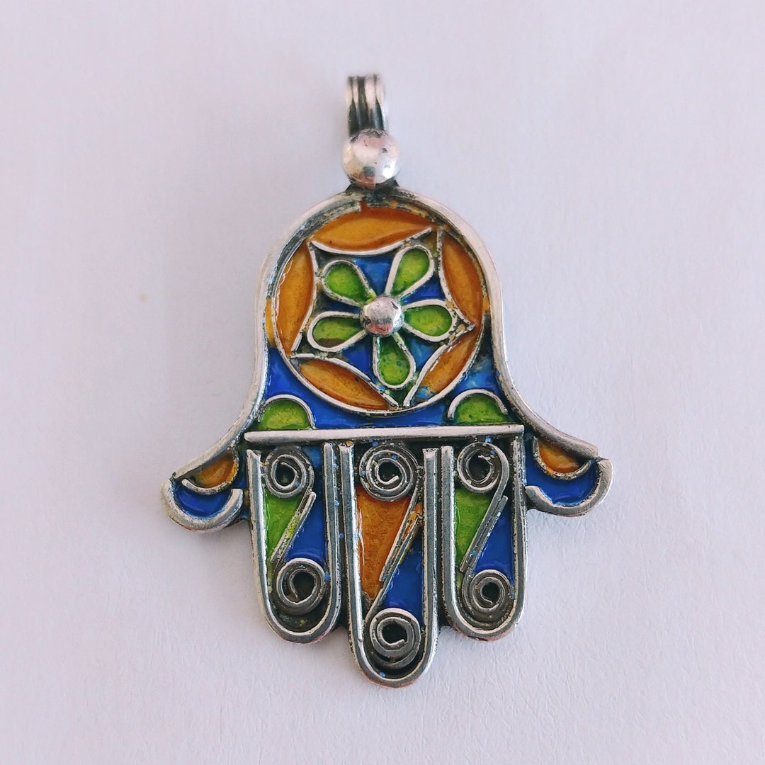 Enamel Hamsa Pendant Silver Berber Moroccan,kabyle Necklace, Eye Amulet ...