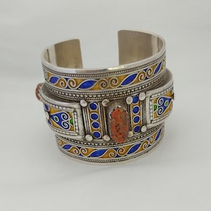 Berber Bracelet Kabyle Cuff Silver Large, Enamel Coral Vintage Tribal Algerian, Red Bracelets ...
