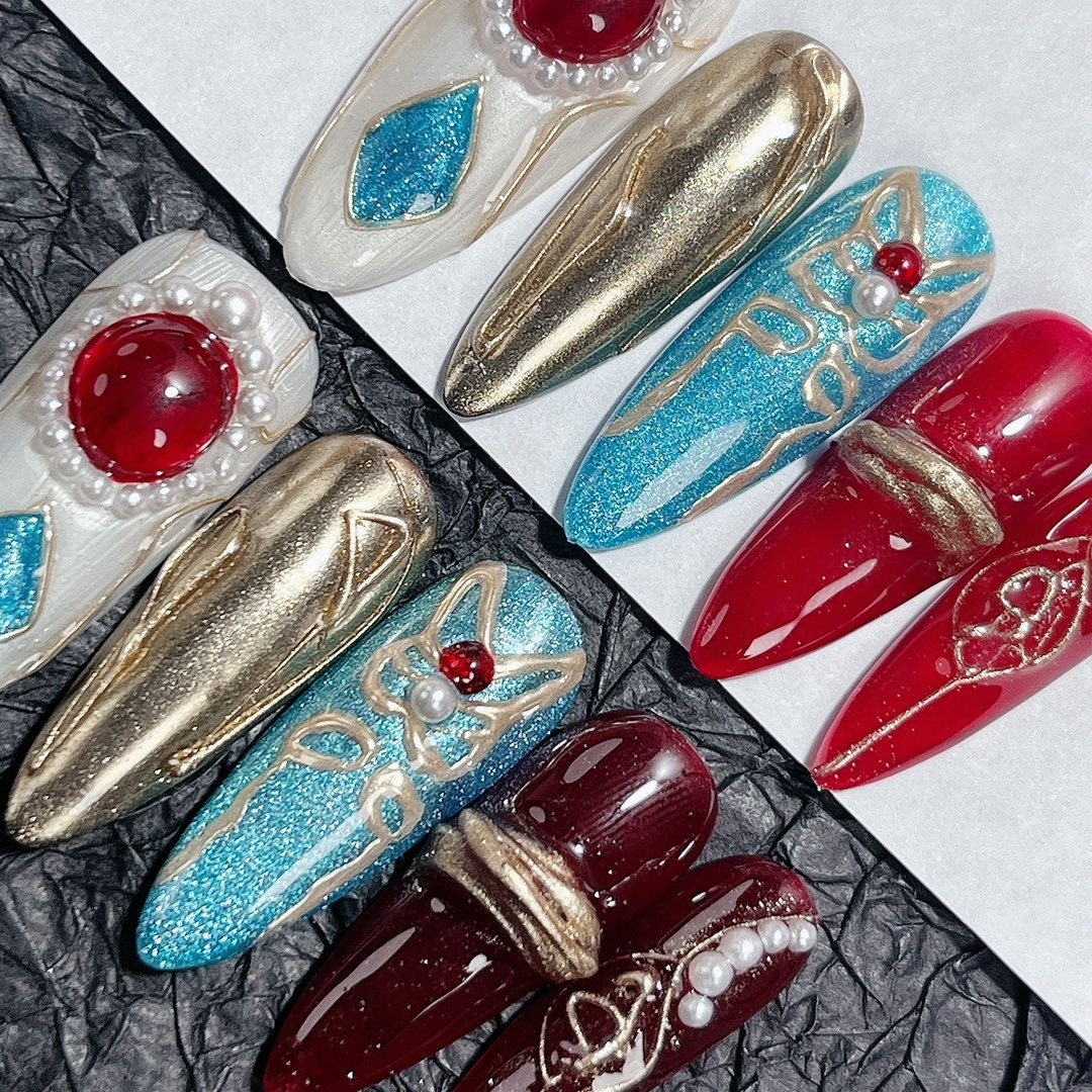 Handmade Luxury Long Blue and Red Nails Gold Nails Chic Nails - Etsy