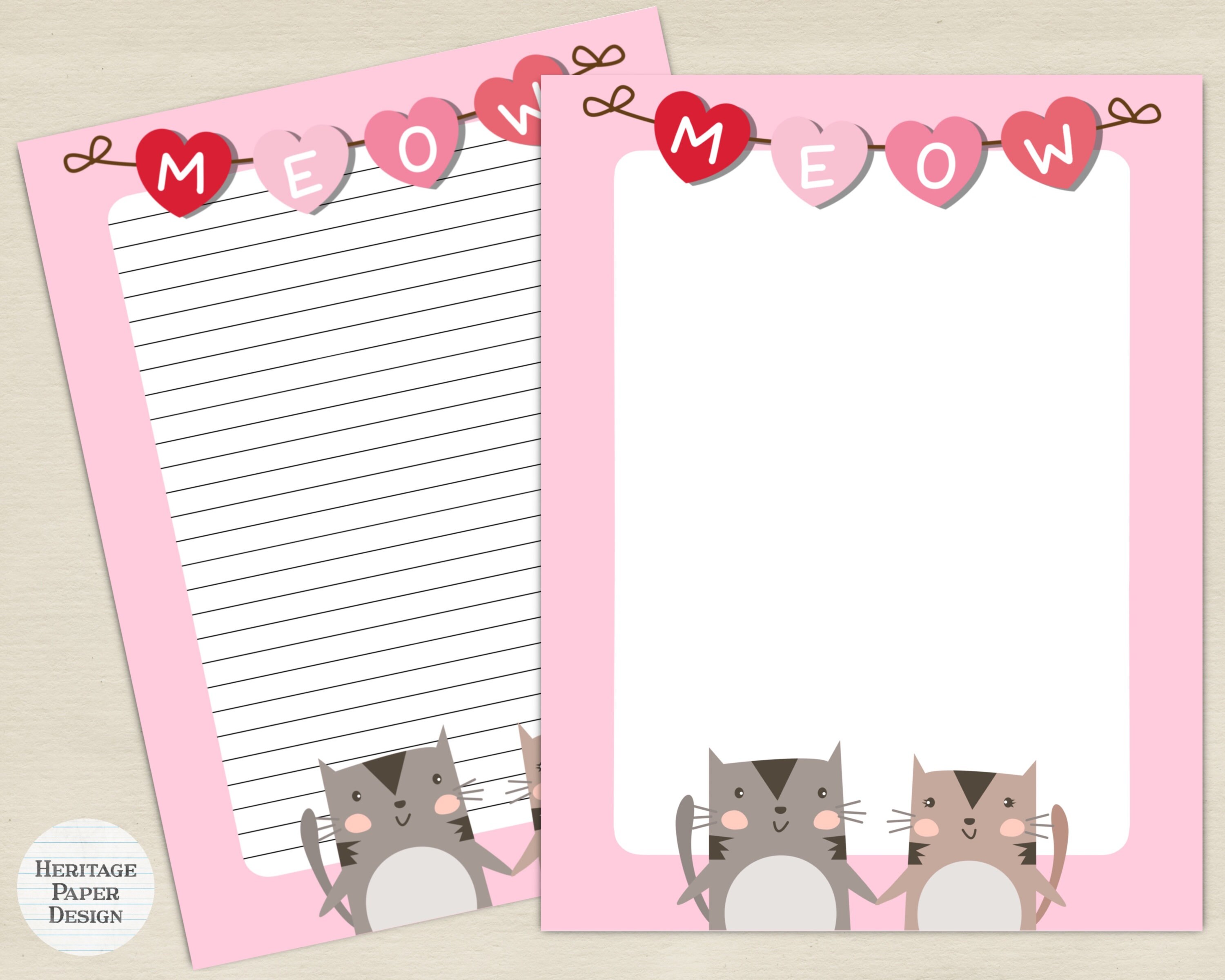 Cute Cat Couple Printable Stationery / Digital Note Paper / Instant ...