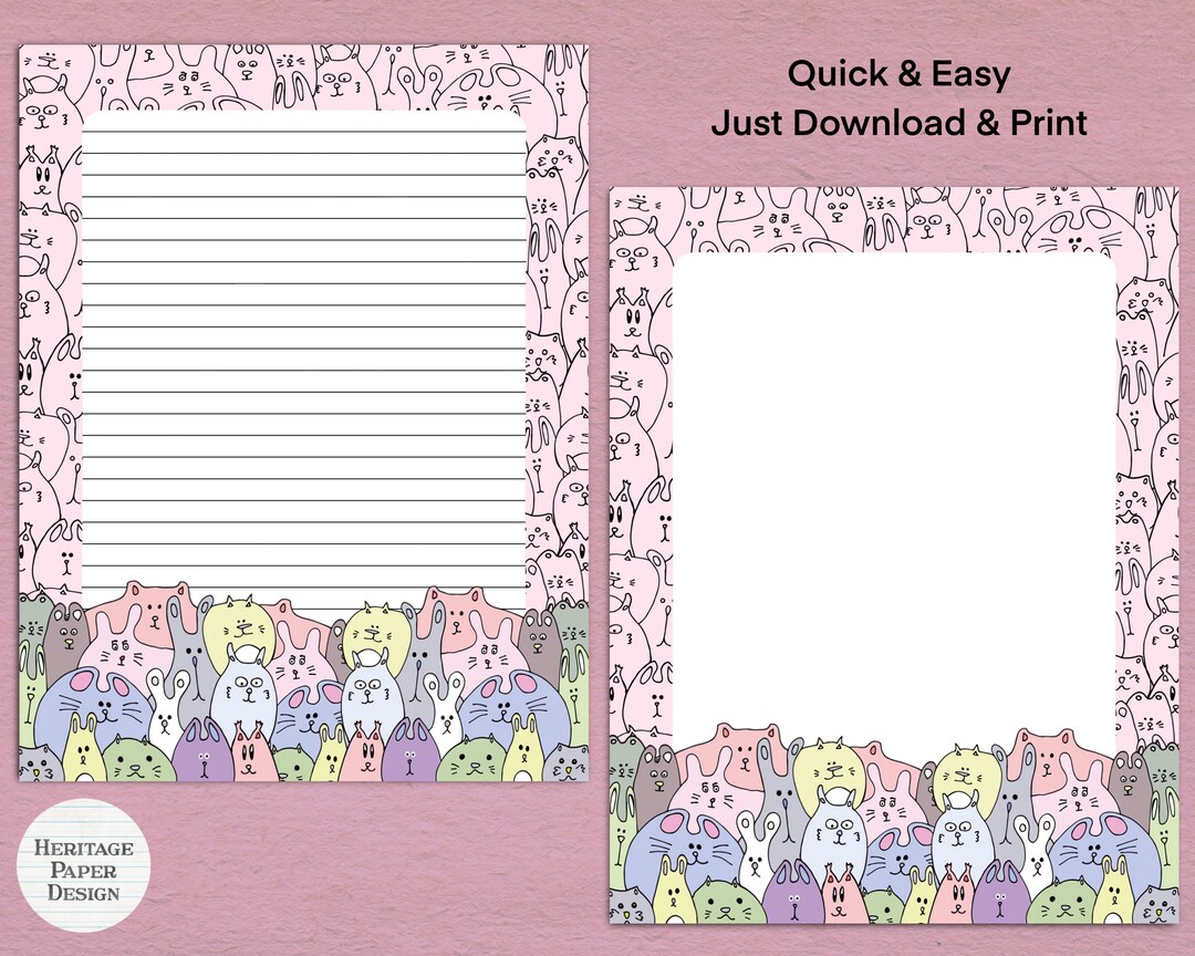 Cute Cartoon Cats Printable Stationery / Digital Note Paper / Instant ...