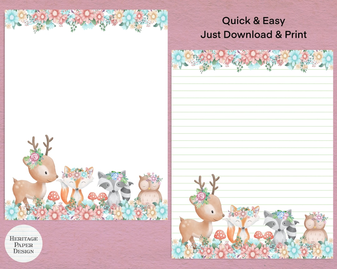 Cute Woodland Floral Animals Printable Stationery / Digital Note Paper ...