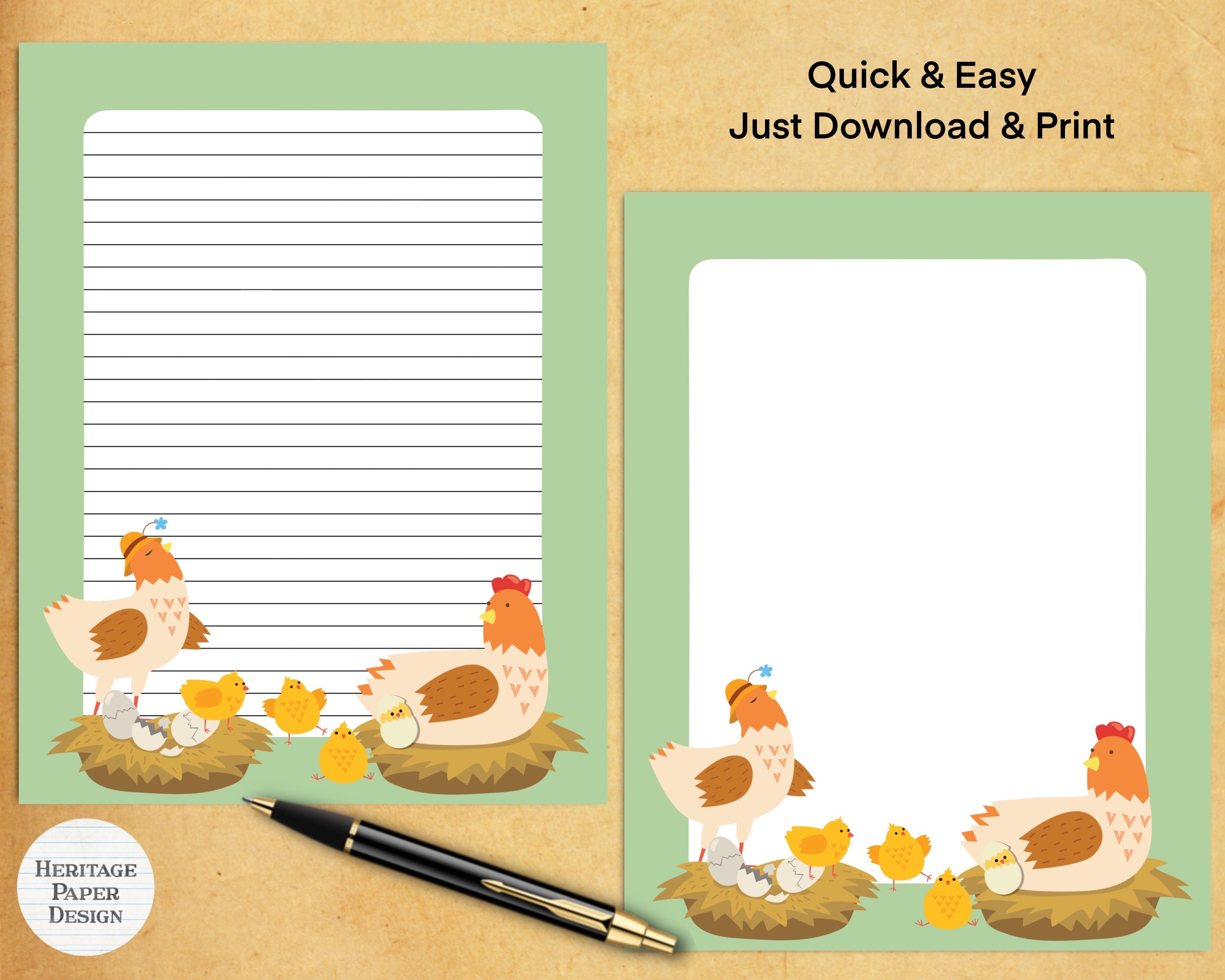 Chicks and Hens Printable Stationery / Digital Note Paper / Instant ...