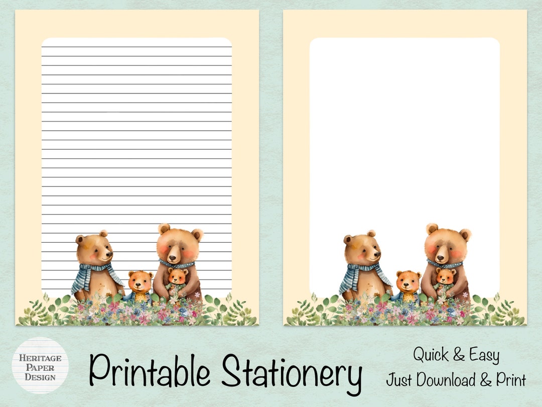 Cute Teddy Bear Family Printable Stationery, Digital Note Paper ...