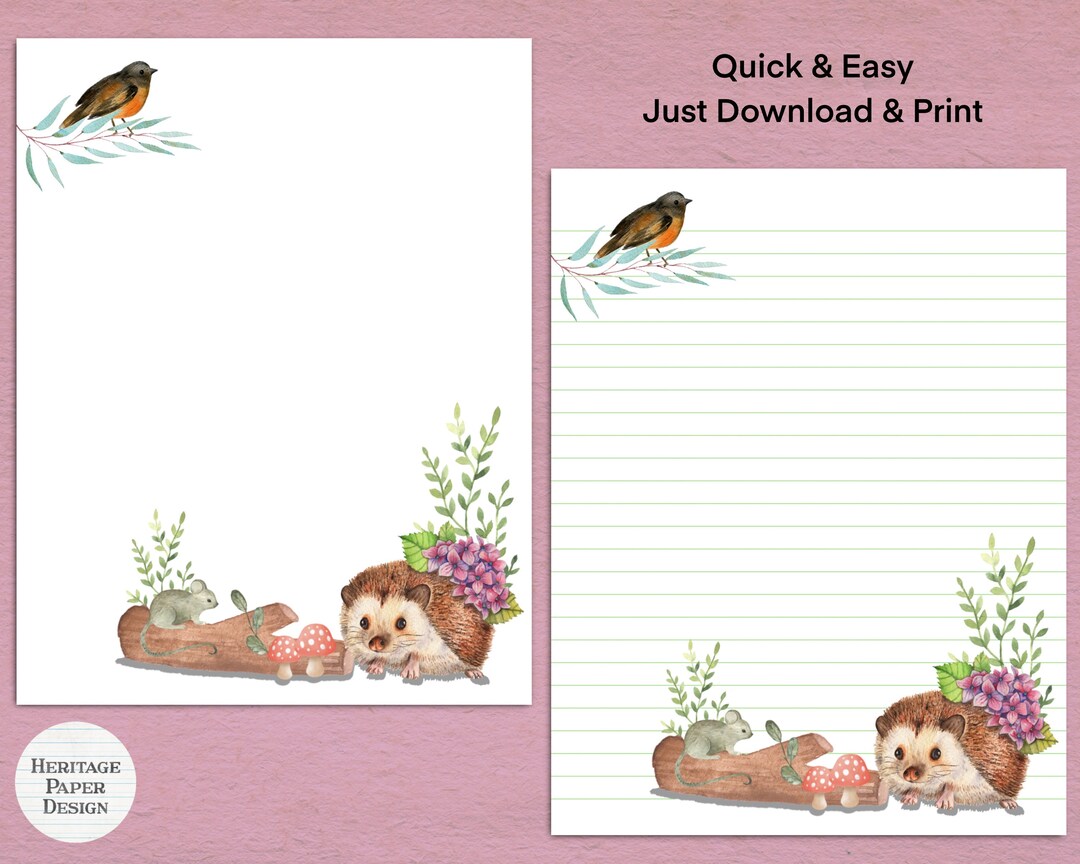 Cute Hedgehog Printable Stationery / Digital Note Paper / Instant ...