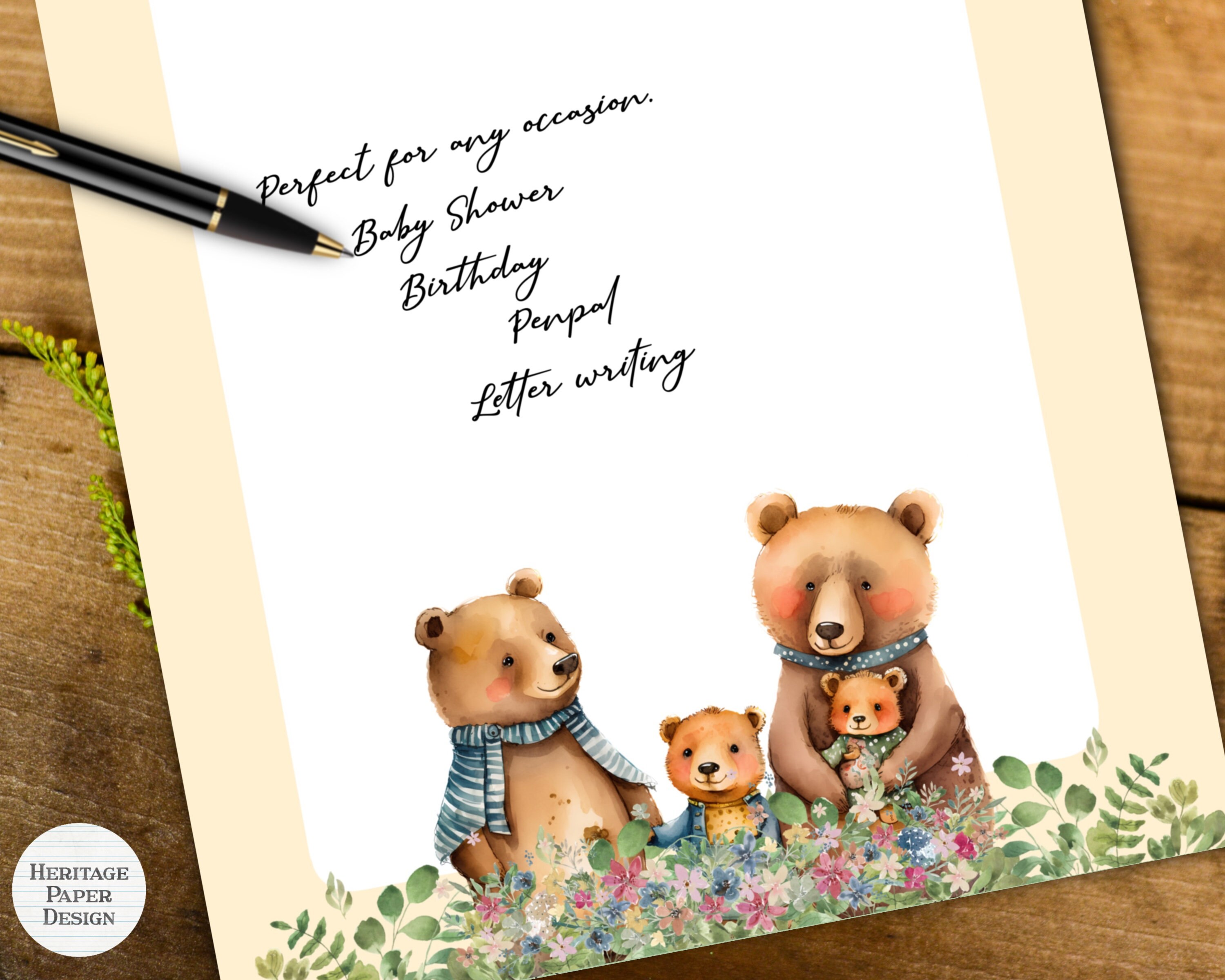 Cute Teddy Bear Family Printable Stationery, Digital Note Paper ...