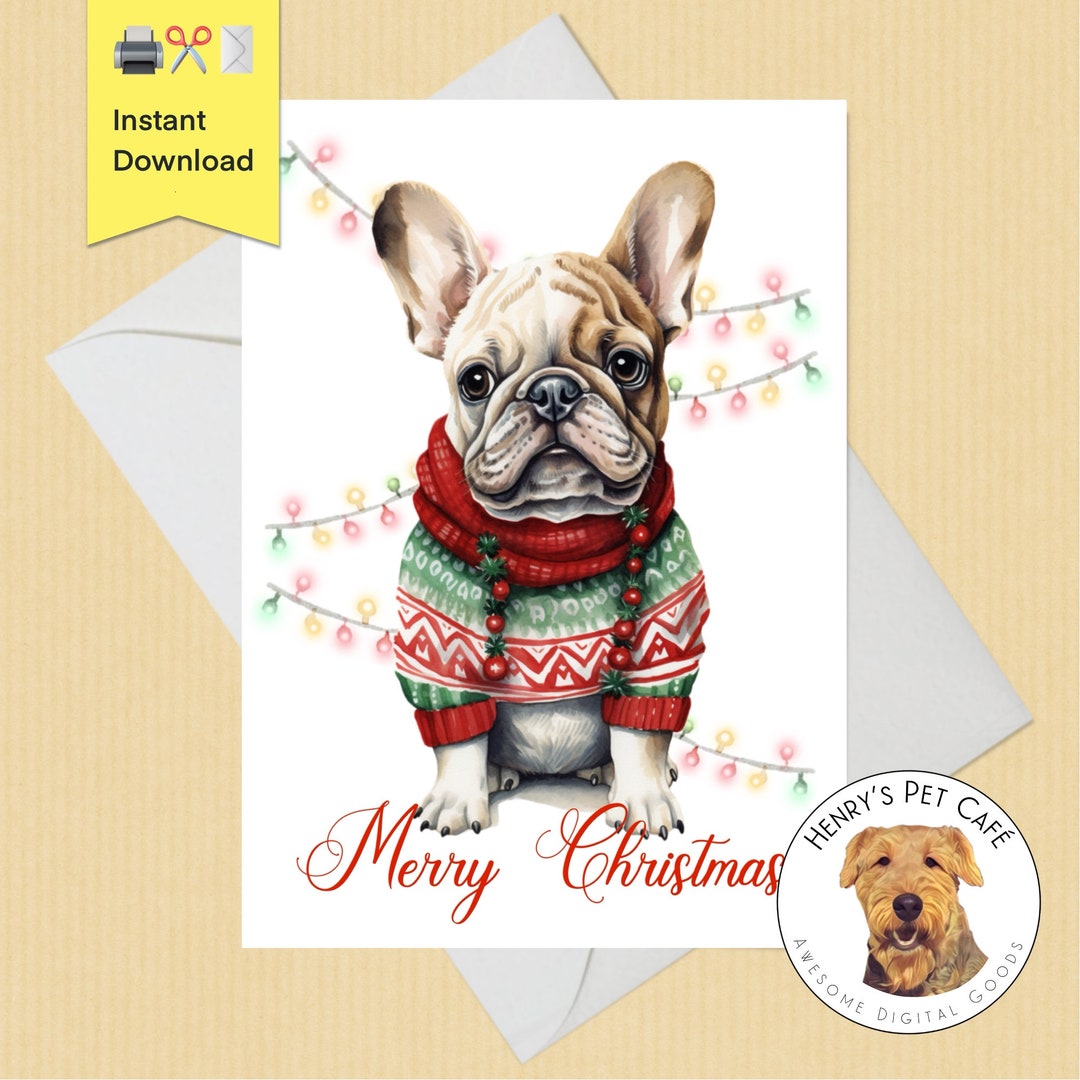 Adorable French Bulldog Puppy Printable Christmas Greeting Card, DIY ...