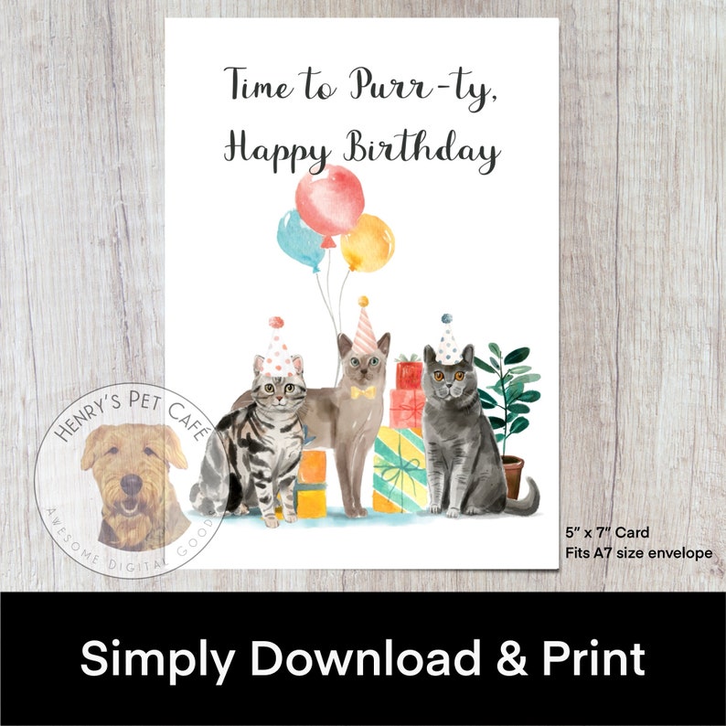 Printable Cat Birthday Card, Funny Purrty Party Birthday Card, Digital ...