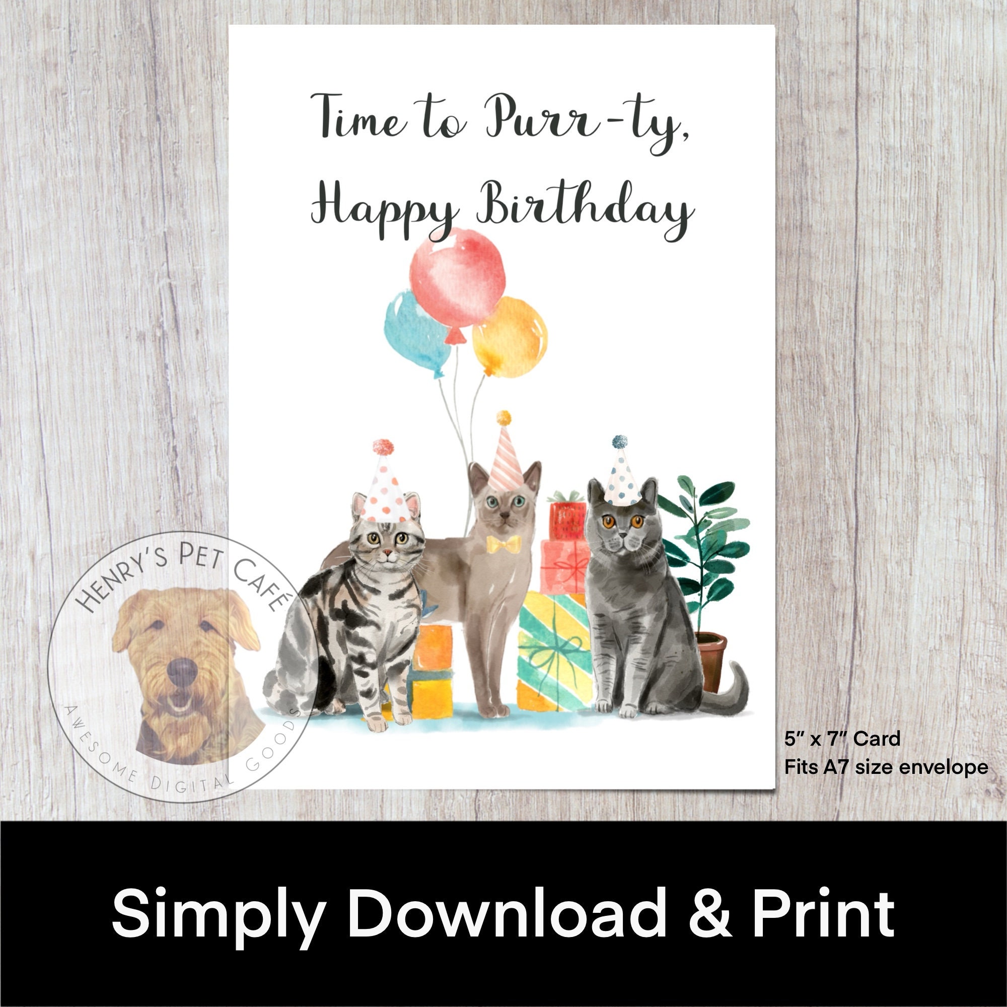 Printable Cat Birthday Card, Funny Purrty Party Birthday Card, Digital ...