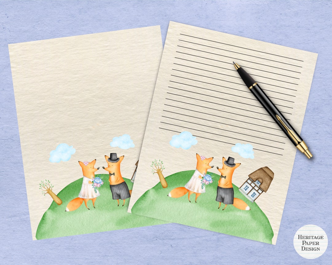 Foxes in Love Printable Stationery #3 / Digital Textured Note Paper ...