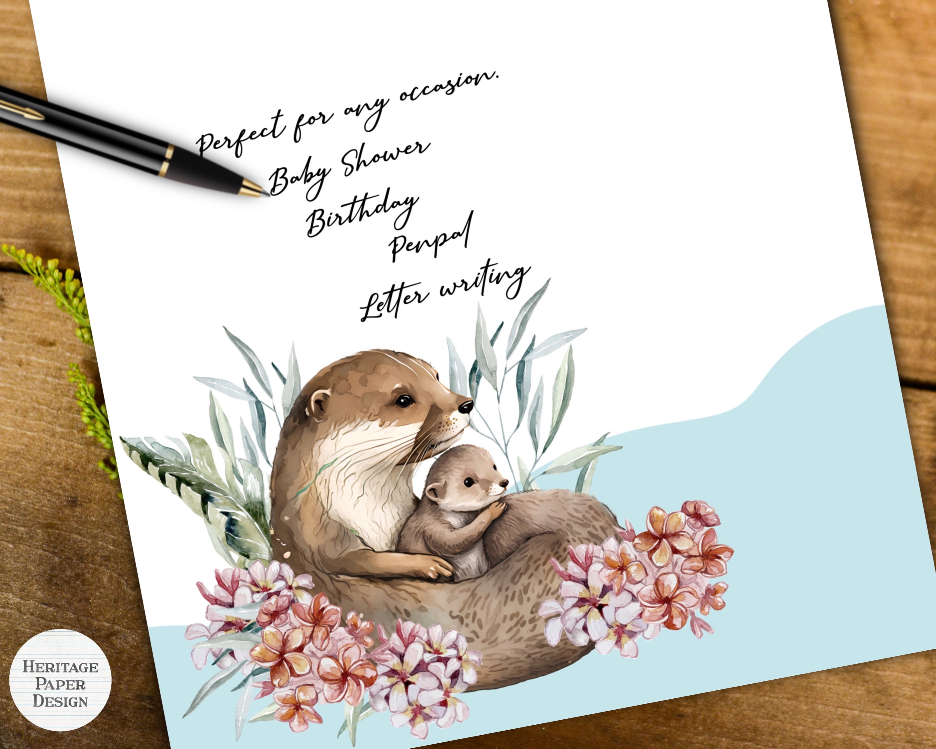 Mother and Baby Otter Printable Stationery / Digital Note Paper ...