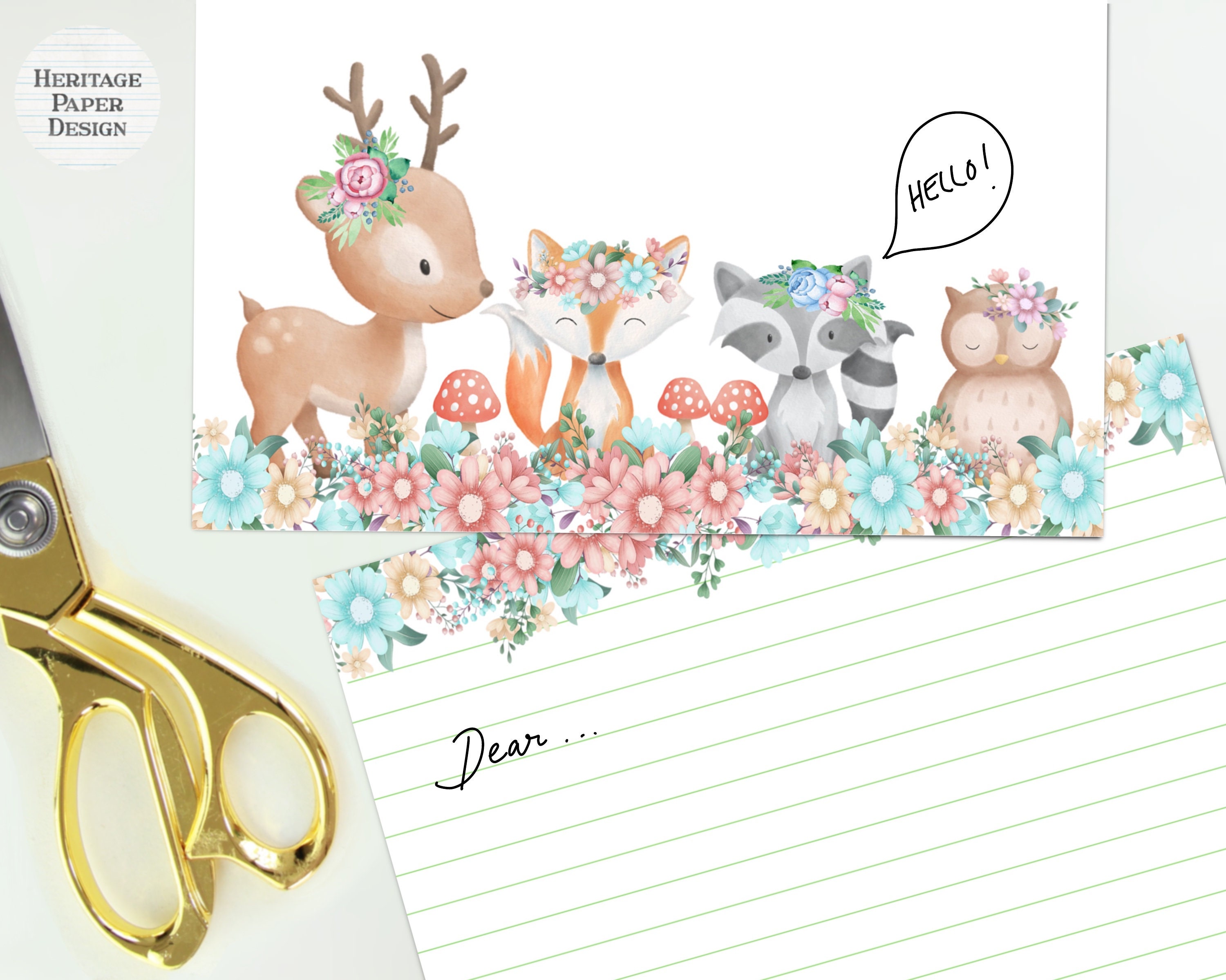 Cute Woodland Floral Animals Printable Stationery / Digital Note Paper ...