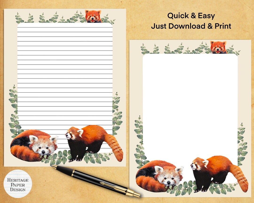 Red Panda Animals Printable Stationery / Digital Note Paper / Instant ...