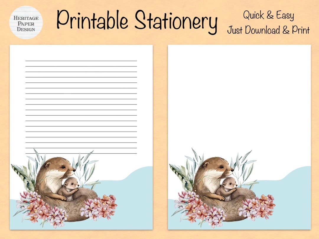 Mother and Baby Otter Printable Stationery / Digital Note Paper ...