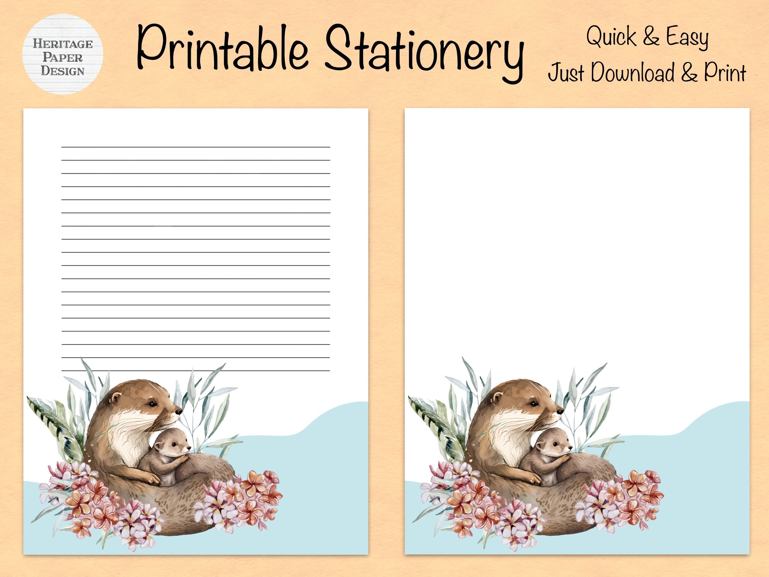 Mother and Baby Otter Printable Stationery / Digital Note Paper ...