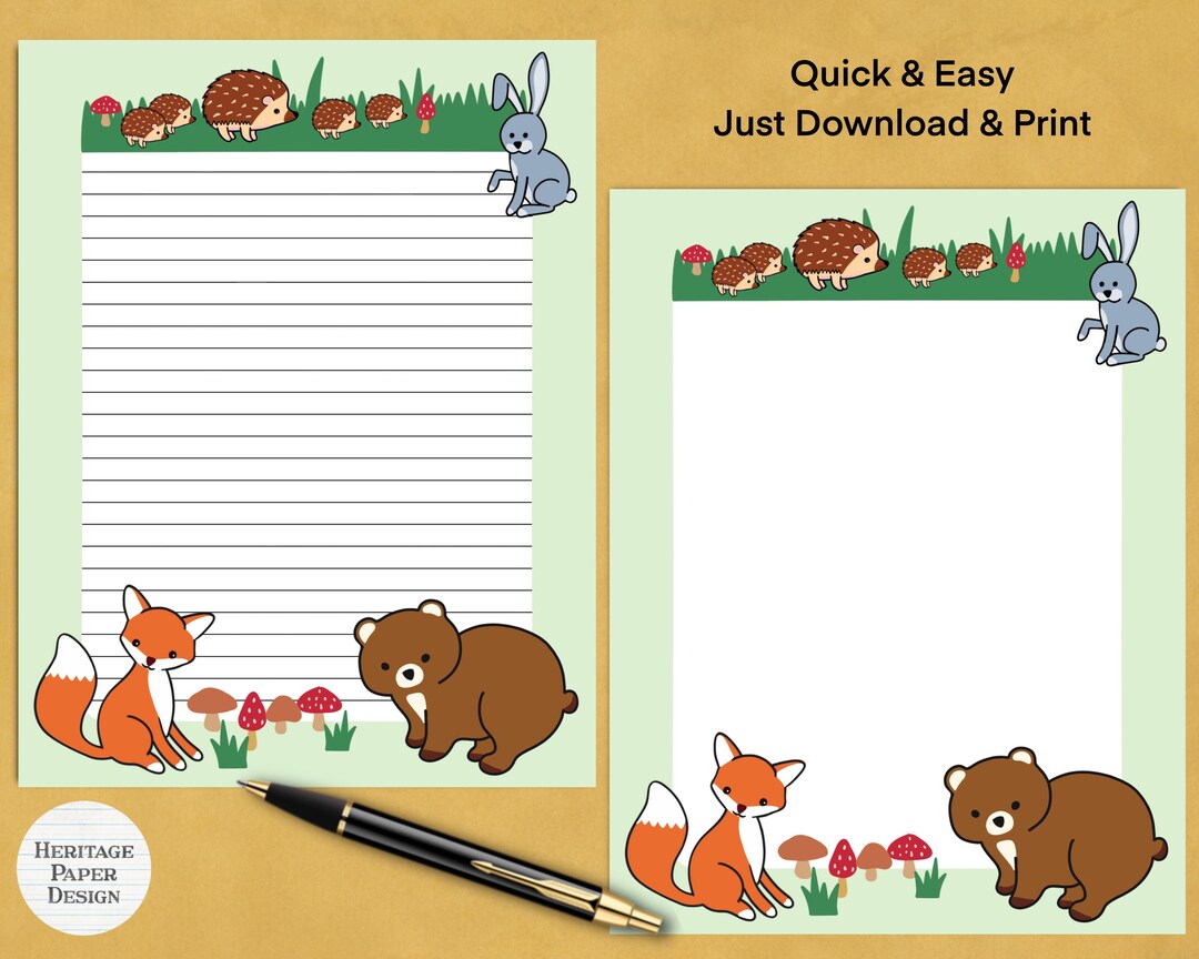 Cute Forest Animals Printable Stationery / Digital Note Paper / Instant ...
