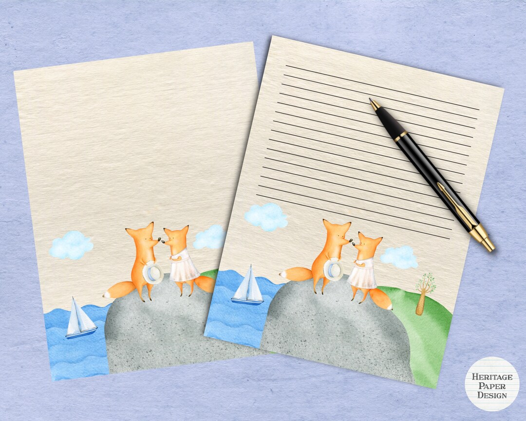 Foxes in Love Printable Stationery #1 / Digital Textured Note Paper ...