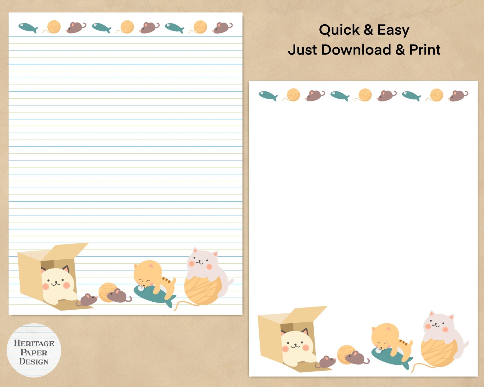 Cute Cats & Kittens Printable Stationery / Digital Note Paper / Instant ...