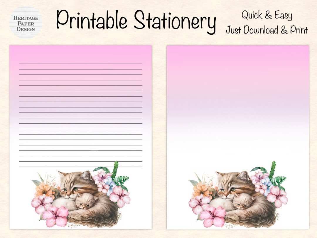 Mother Cat & Kitten Printable Stationery / Digital Note Paper / Instant ...