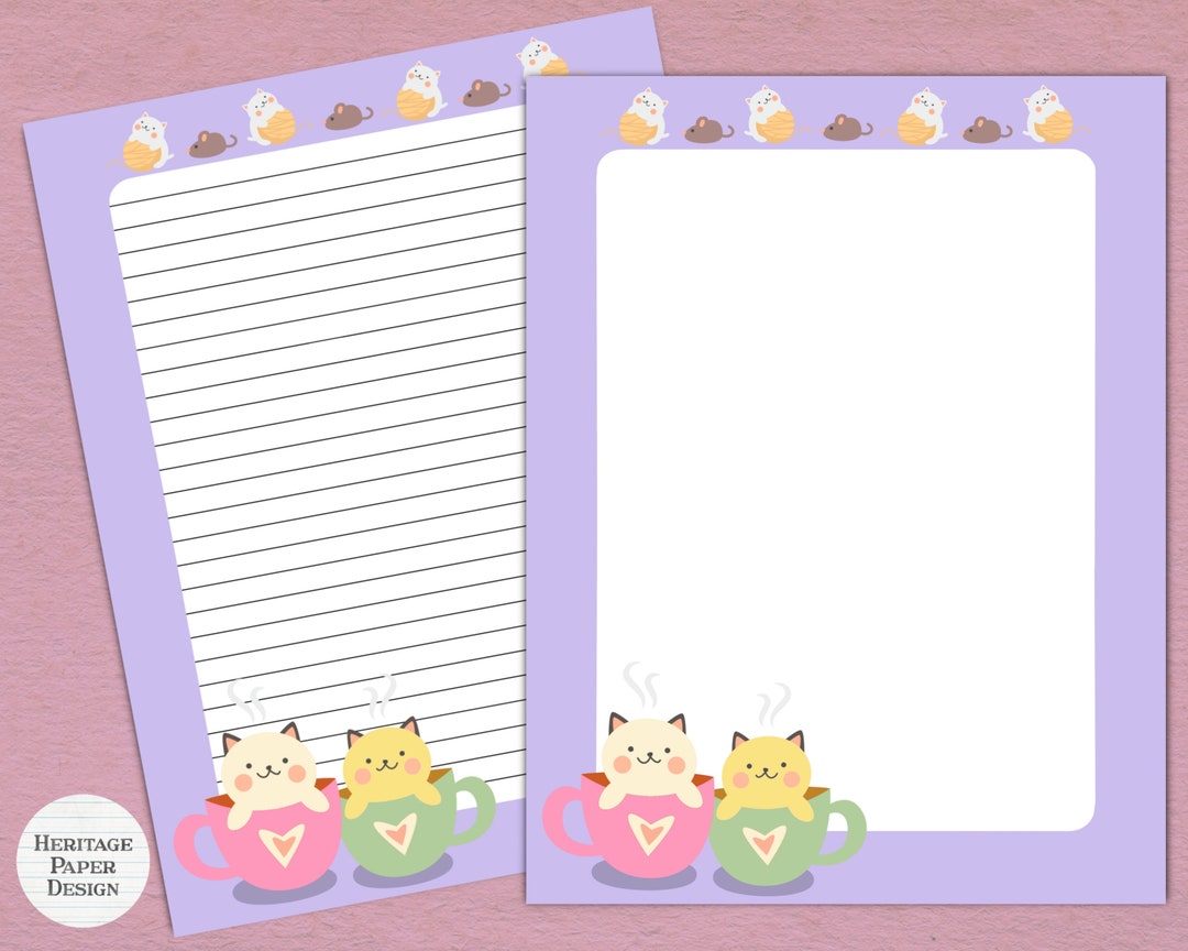 Cute Teacup Cats Printable Stationery / Digital Note Paper / Instant ...