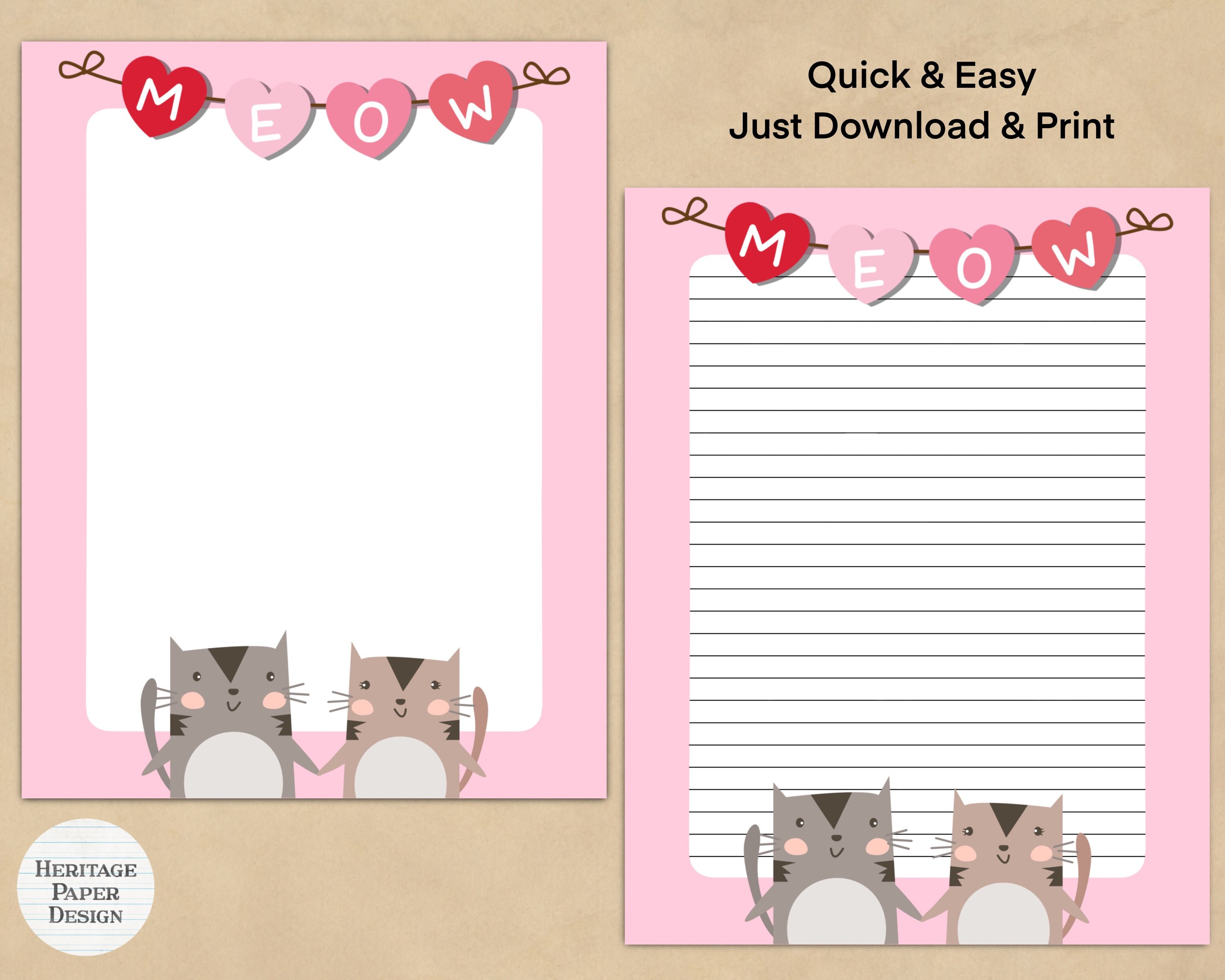Cute Cat Couple Printable Stationery / Digital Note Paper / Instant ...