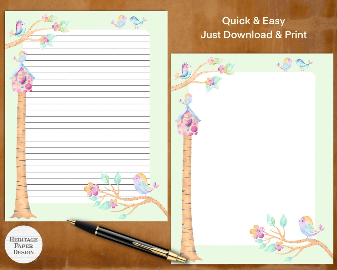 Cute Little Birds Printable Stationery / Digital Note Paper / Instant ...