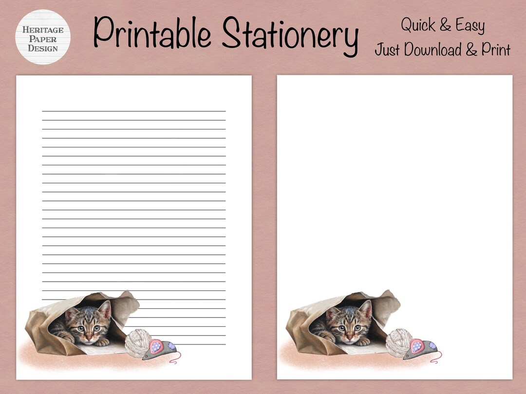 Cute Kitten in Paper Bag Printable Stationery / Digital Note Paper ...