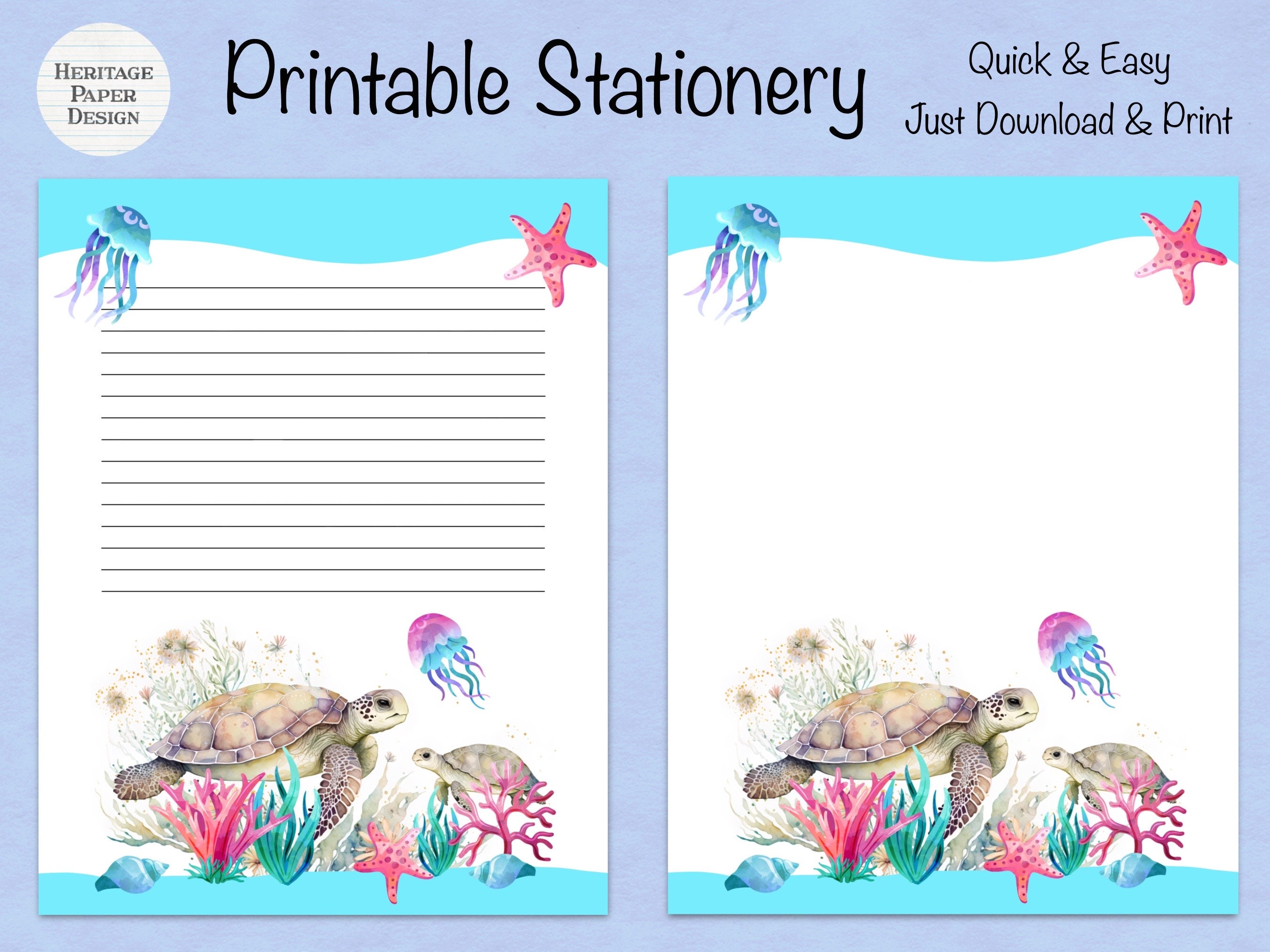 Sea Turtle Printable Stationery / Digital Note Paper / Instant Download ...