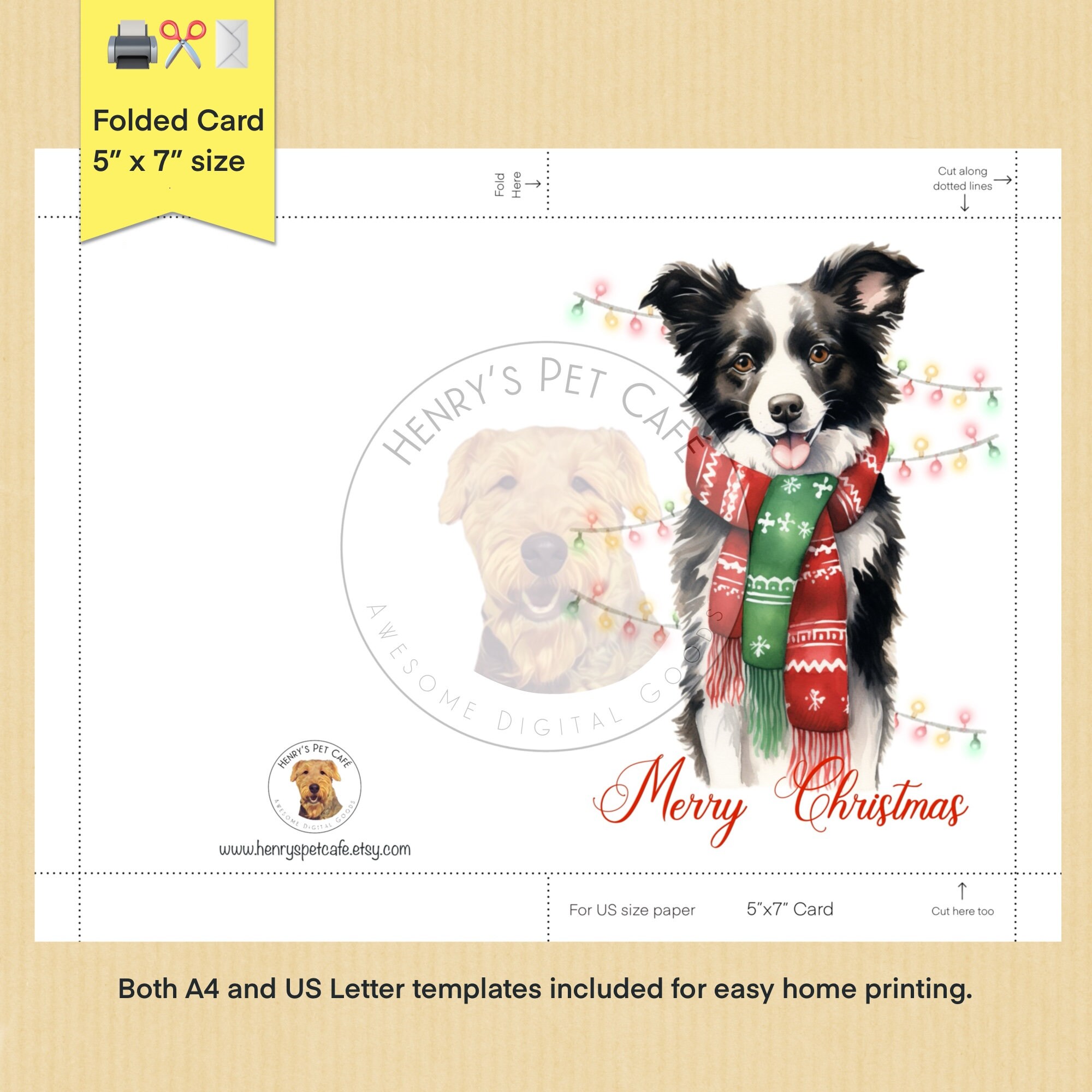 Adorable Border Collie Printable Christmas Dog Greeting Card, Holiday ...