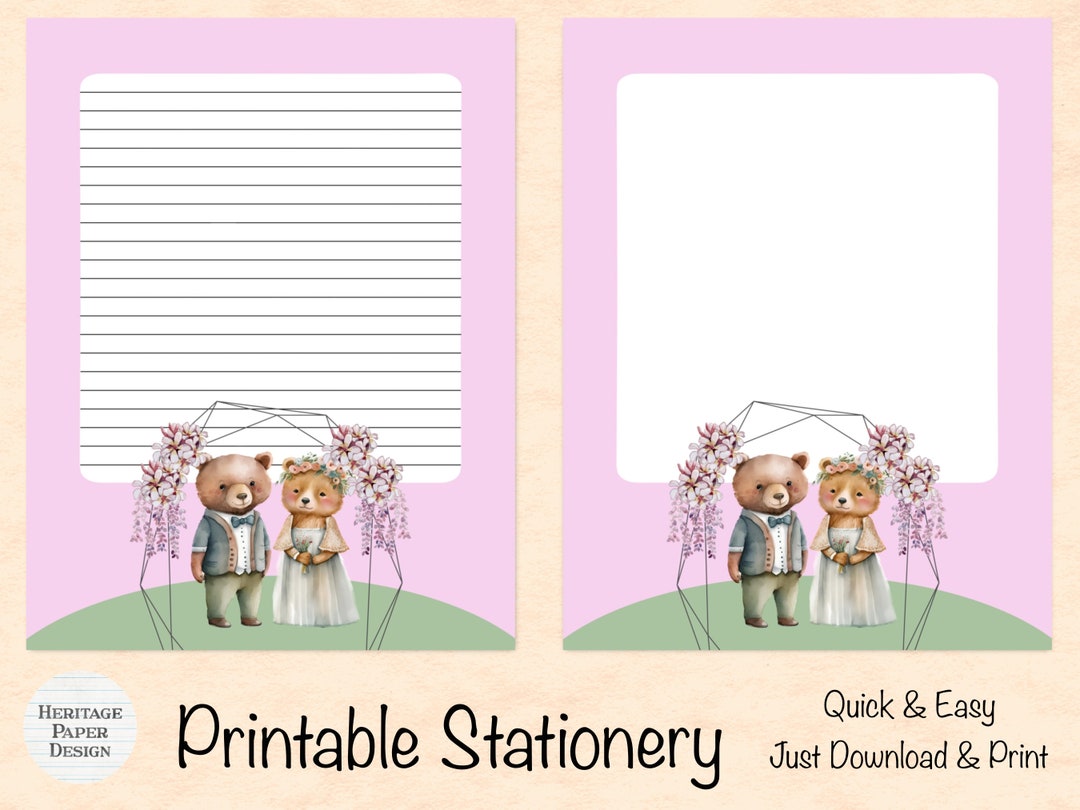 Wedding Bears Printable Stationery, Cute Teddy Bear Note Paper (digital ...